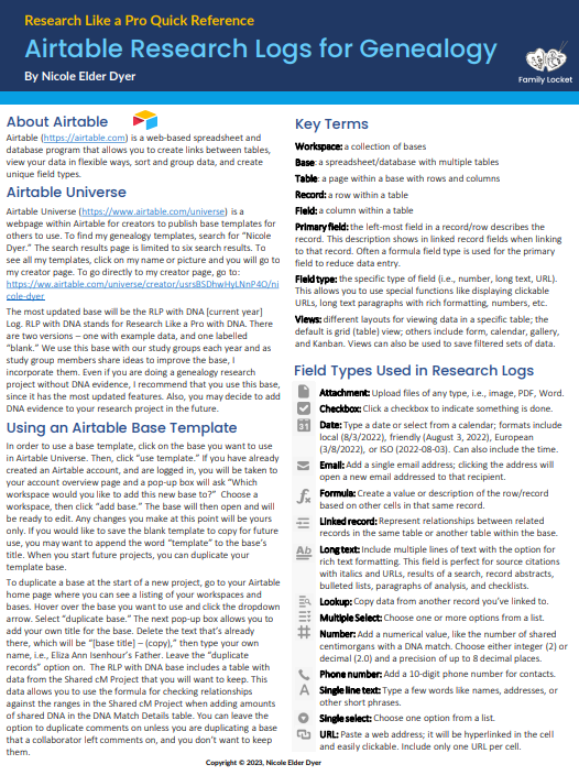 Airtable Research Logs for Genealogy – Quick Reference – Family Locket