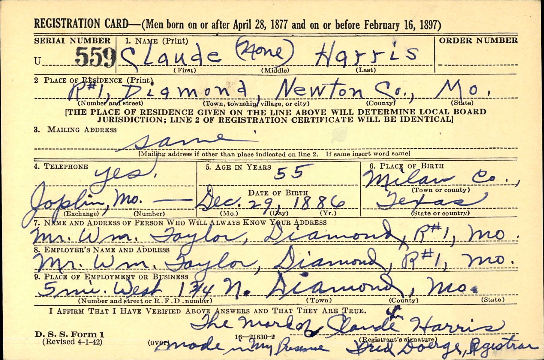 1942 Draft Registration Claude Harris Newton Co.,MO – Family Locket